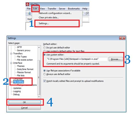 default set text editor in open filezilla files pakainfo