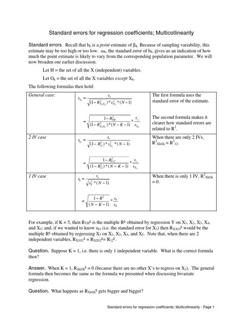 Standard Errors For Regression Coefficients Multicollinearity