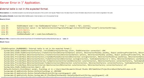 external table is not in the expected format excel