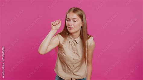 Knock Knock Who Is There Excited Young Woman Knocking Door Gesture