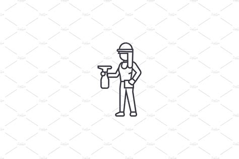 Girl With A Sprayer Vector Line Icon Sign Illustration On Background