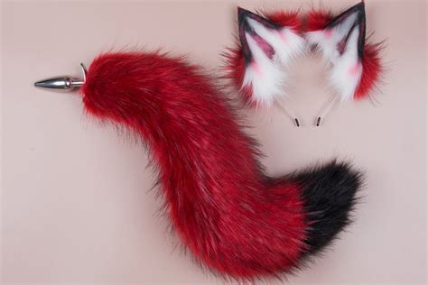Red And Black Faux Fur Fox Tail Plug And Ear Wolf Tail Buttplug And Ea