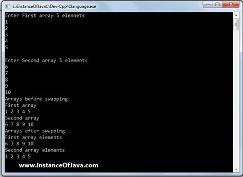 write a c program to swap two integer arrays instanceofjava