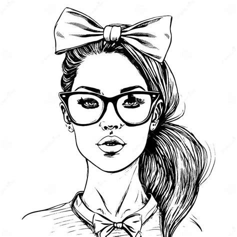 Hand Drawn Beautiful Young Woman In Sunglasses Stylish Girl With Bow