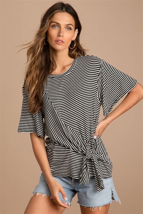 Black Striped Top Tie Front Top Short Sleeve Top Tee Lulus