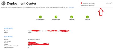 setting up deployment python project to azure web app failed stack