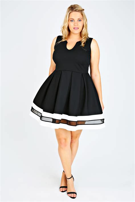Black White And Mesh Block Skater Dress Plus Size 14 16 18 20 22 24 26