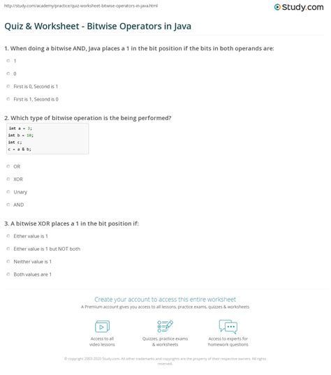 quiz and worksheet bitwise operators in java