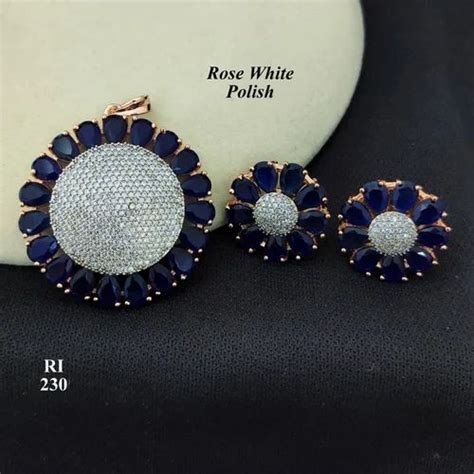 Radiant Impex Copper Brass Flower American Diamond Pendant Set