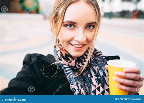 Girl With Morning Coffee Taking Selfie Outside Stock Image Image Of
