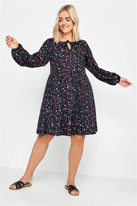 Yours Plus Size Black Ditsy Floral Print Textured Midi Dress Yours