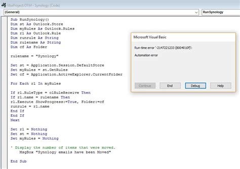 solved automation error when executing vba code within outlook