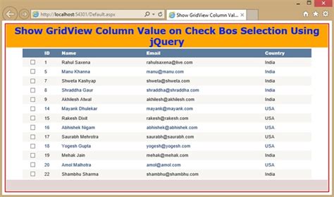 jquery show gridview column value on select check box