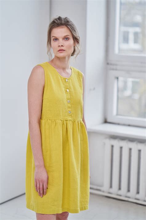 Sleeveless Linen Dress Yellow Linen Maternity Dress Button Up Dress