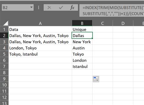 microsoft excel get unique list in a column from values