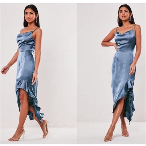 Blue Satin Ruffle Side Cami Midi Dress Dresses Images 2022