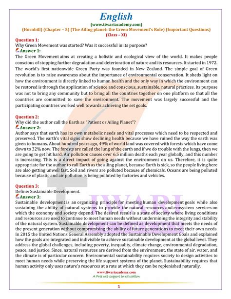 Class 11 English Hornbill Chapter 5 Important Questions Ailing Planet