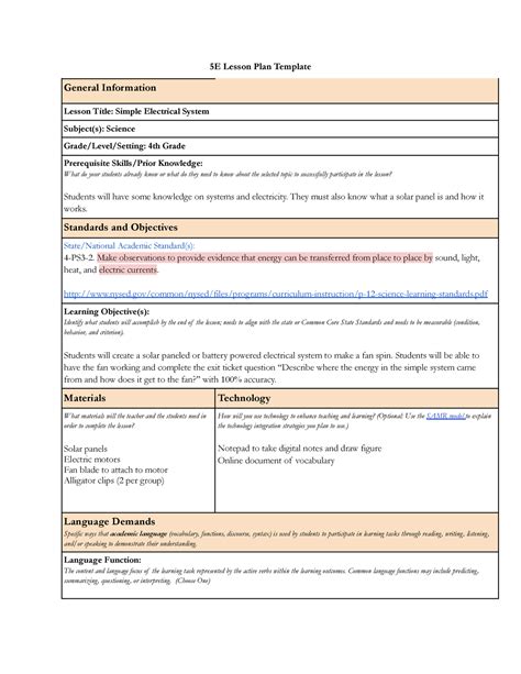 Elementary Science Methods 4th Grade 5e Lesson Plan Template