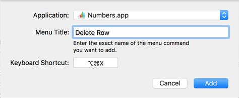 keyboard cut and delete a row in apple numbers in a