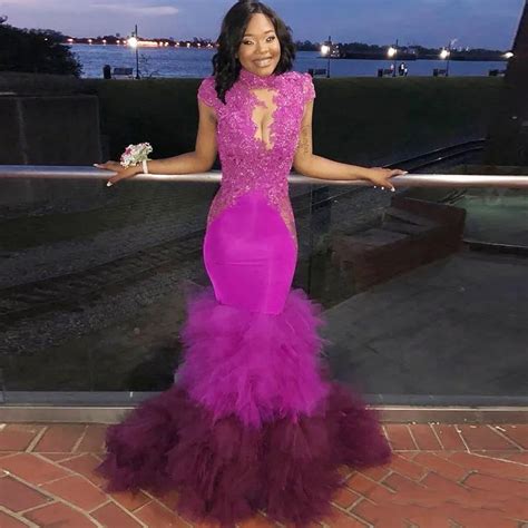 Gorgeous Purple Mermaid Prom Gowns High Neck Appliques Beaded Cap