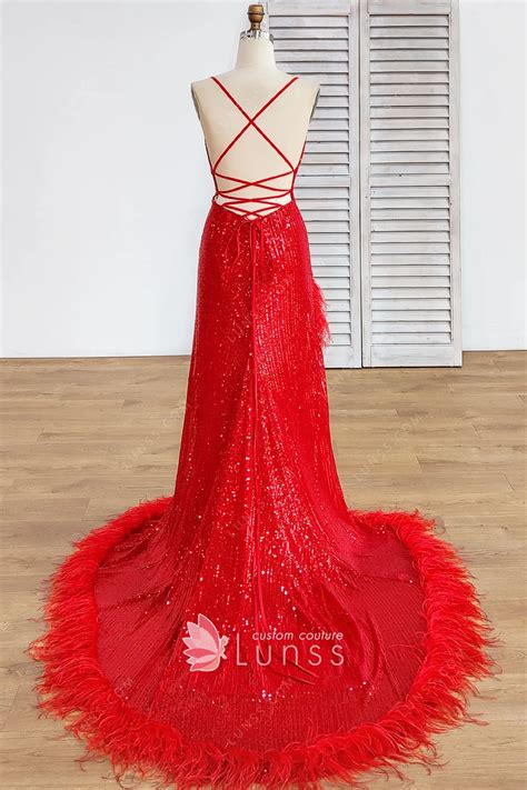 Red Sequin With Feather Slit Long Train Sexy Prom Dress Lunss