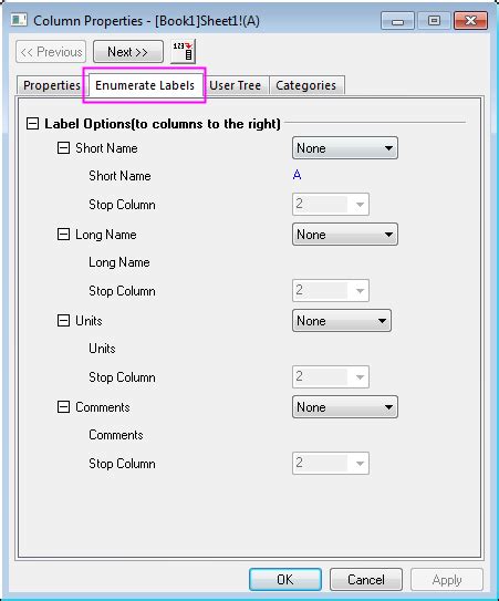 help online origin help the column properties enumerate labels tab