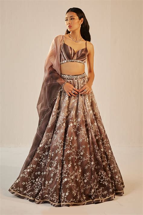 Buy Grey Organza Printed Stripe Sweetheart Neck Chevron Lehenga Set For