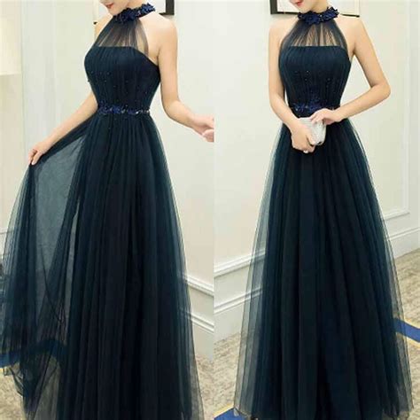 Beautiful Navy Blue Long Prom Dresses With Back Open Tulle Women Formal