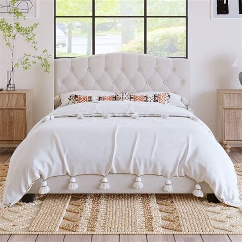 Queen Size Linen Upholstered Platform Bed With Saddle Curved Headboard