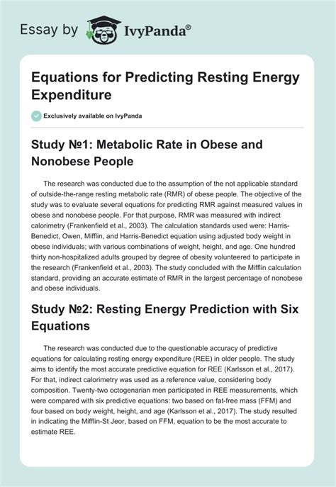 Equation For Predicting Resting Energy Expenditure 560 Words