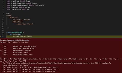 python how to fix inline error for kivymd mddatatable python3
