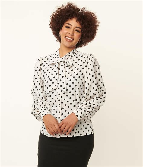 Unique Vintage Gwen Tie Neck Black And White Polka Dot Blouse
