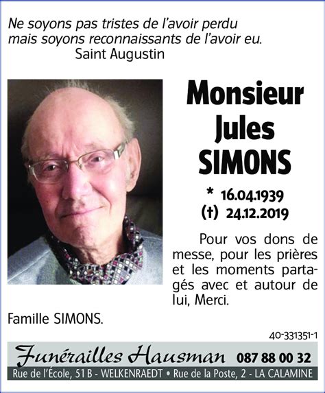 Avis De Décès De Jules Simons Décédé Le 01 01 1901 à Annonce