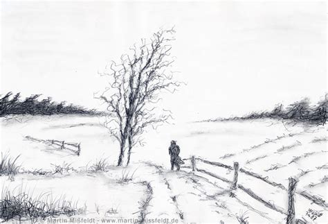winter landscape pencil drawing