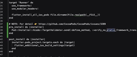flutter で pod install が失敗する [ ] the pods runner target has transitive