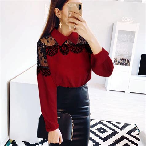 New Women Lace Floral Shirt Blouse Sexy Mesh Patchwork Long Sleeve Tops