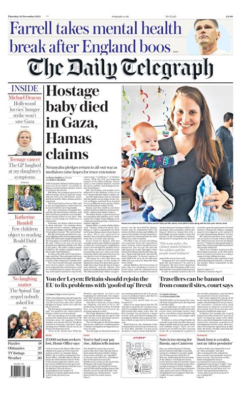 Daily Telegraph Front Page 30th Of November 2023 Tomorrows Papers Today
