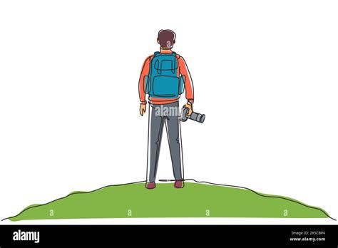 Single Continuous Line Drawing Back View Man Holding Camera Standing On