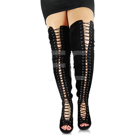 New Womens Celeb Tall Lace Up Peep Toe Mid High Heel Over Knee Thigh