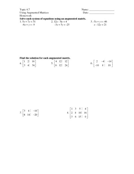 Solving Systems Of Equations Using Augmented Matrices Worksheet