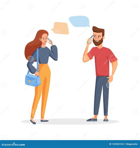 Young Couple Man And Woman Talking On The Phone Vector Illustration In