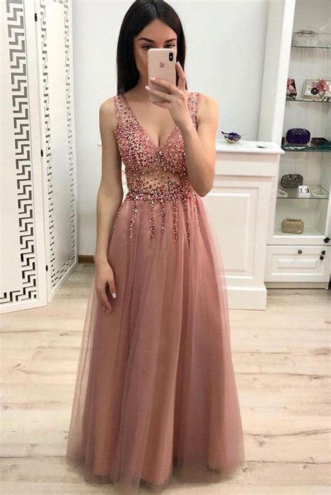 Simple A Line V Neck Prom Dress With Beading And Sequins Long Party
