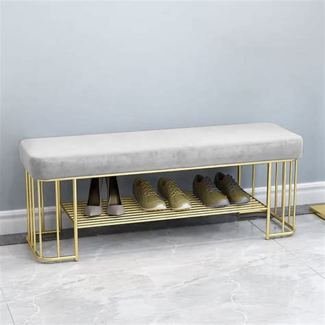 Modern Gray Entryway Bench With Shoe Storage Velvet Upholstered With