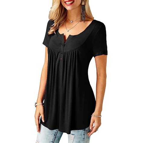 Elegant Summer Women Tunic Tops Shirts Crewneck Short Sleeve Button