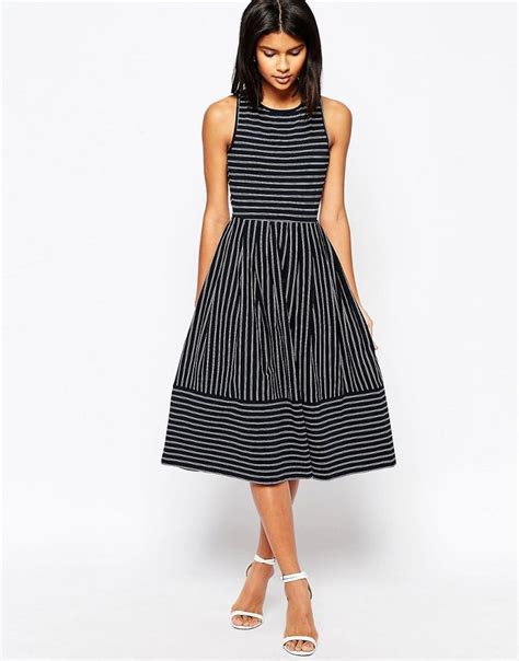 Asos Tall Midi Skater Dress In Pinstripe With Cross Back At