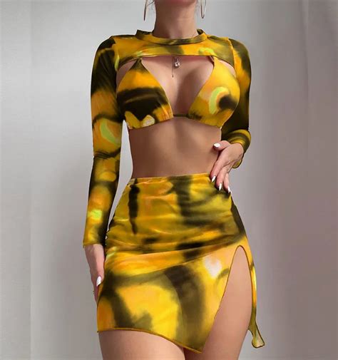 Three Piece Bikini Set Tie Dye Swimsuit With Beach Skirt Swimwear Women