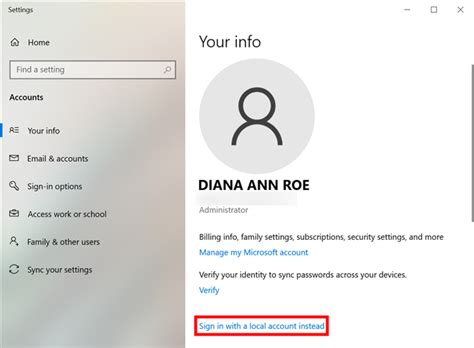 how to switch to a windows 10 local account from a microsoft one