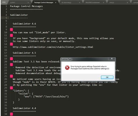 sublimetext3 sublime text error trying to parse settings expected