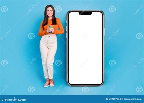 Full Body Photo Of Cute Millennial Brunette Lady Hold Telephone Wear