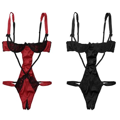 Damen Sexy Spitze Bodysuit Brustfreies Bh Schritt Offen String Tanga